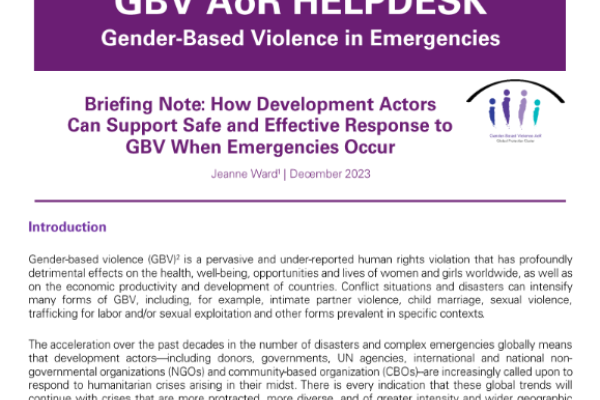How Development Actors Can Support Safe and Effective Response to GBV When Emergencies Occur ...